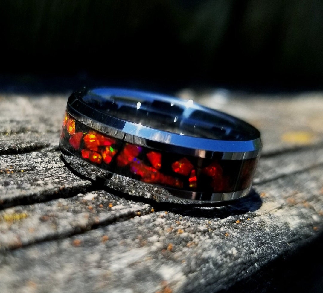 Tungsten Ring With Fire Opal and Glow Inlay. Red Fire Opal Ring. Galaxy Ring. Glow Ring. Wedding ...
