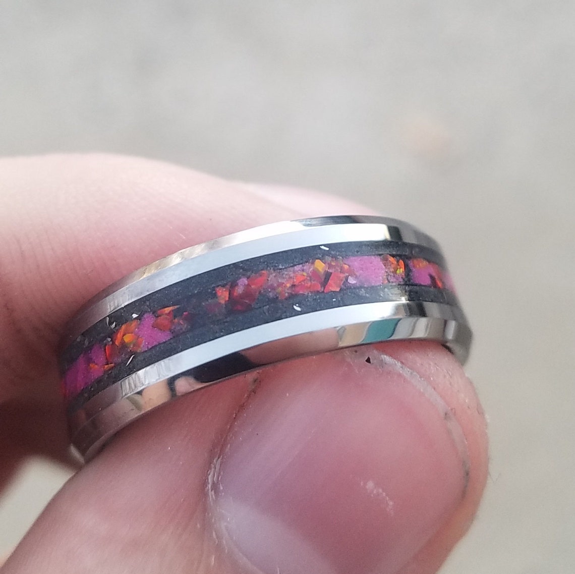 Tungsten carbide ring with meteorite red fire opal and | Etsy