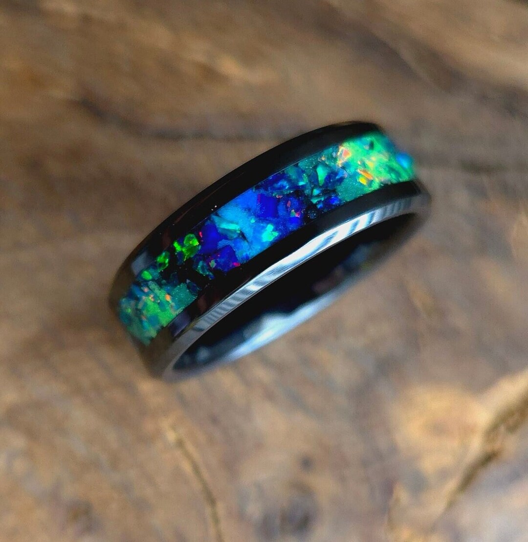 Black Ceramic Nebula Ring. Galaxy Glow Ring With Green and Blue Opal ...