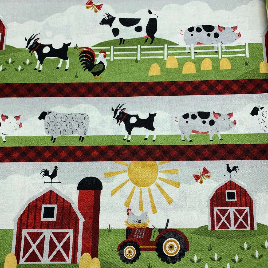 245 COTTON Fabric Striped Farm Scenes Red Barn Tractor Farm Animals ...