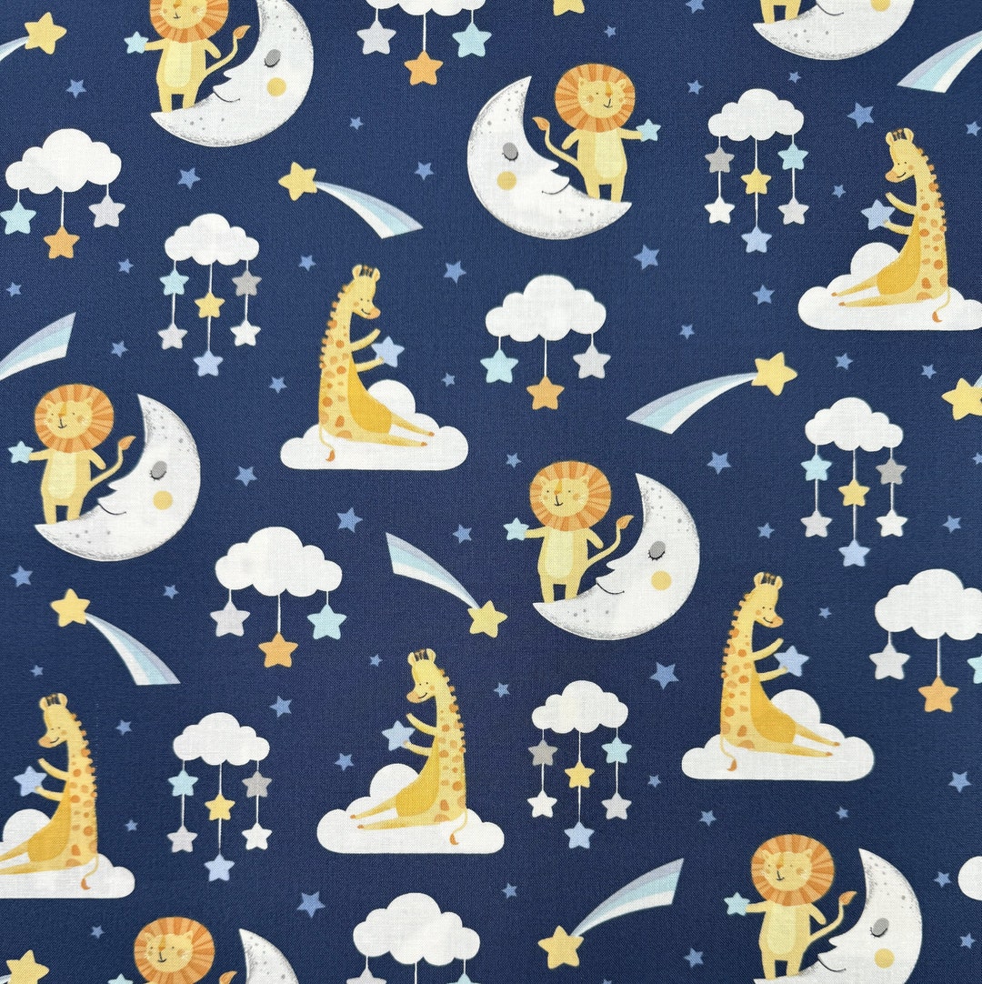 792 COTTON Fabric Navy Blue With Lions & Giraffes on Clouds and ...
