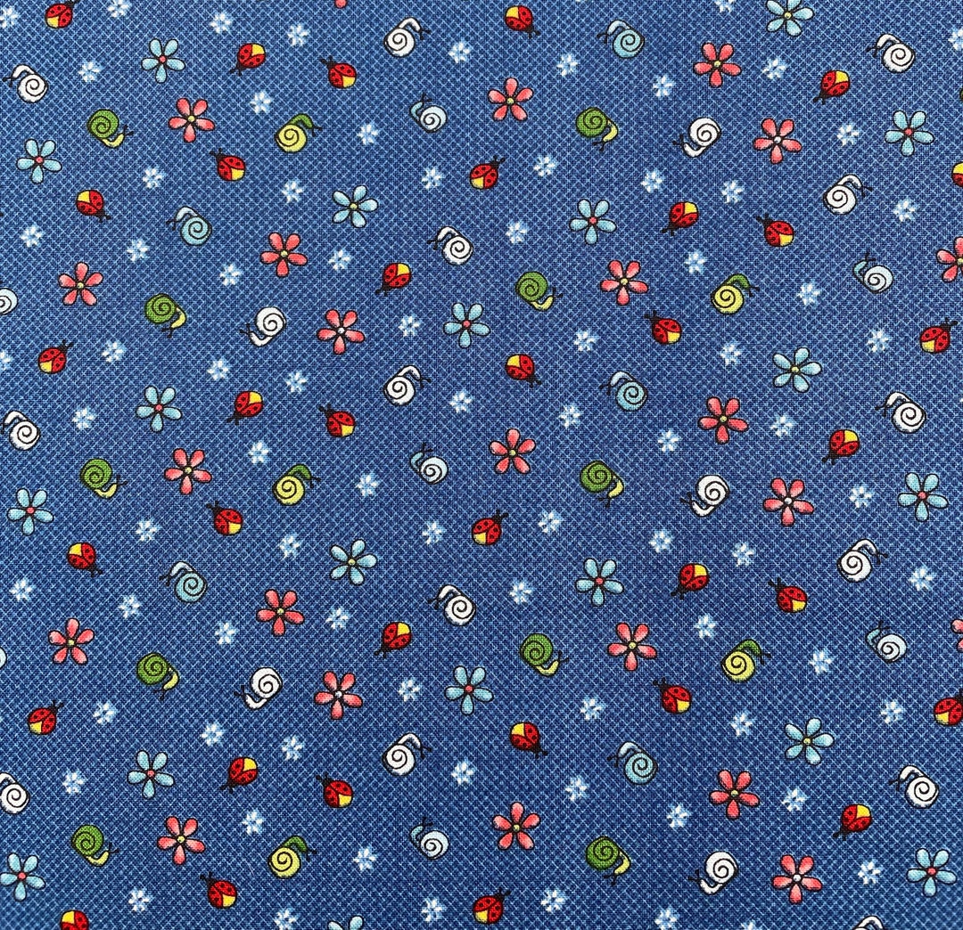 527 COTTON Fabric Blue Background Tossed Flowers Lady Bugs Snails Sold ...