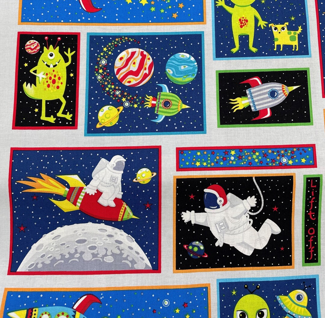 599 COTTON Fabric Patchwork Panel With Astronauts Rockets Planets ...