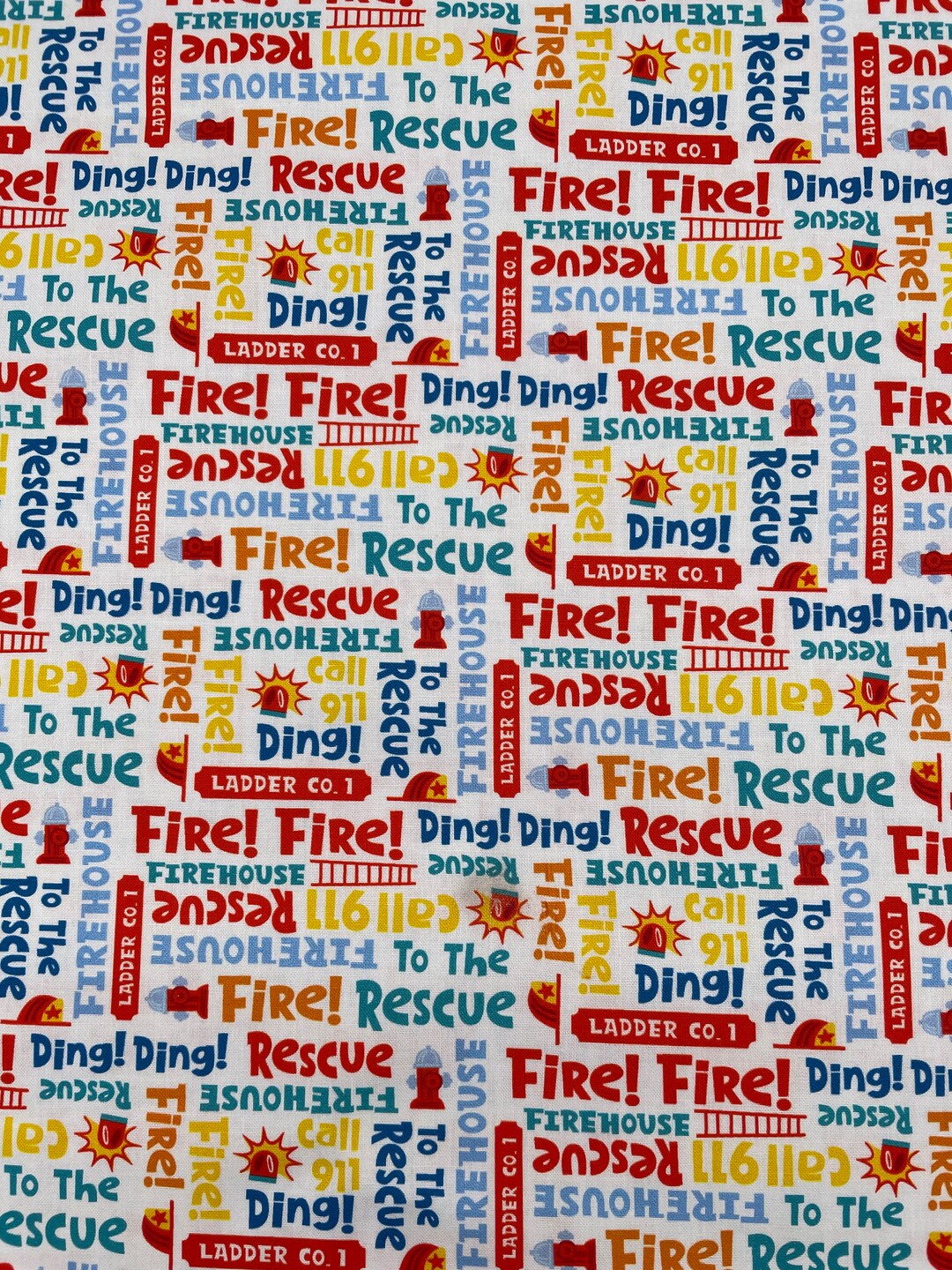 672 COTTON Fabric White Background With Colorful Fire Rescue Words Sold ...
