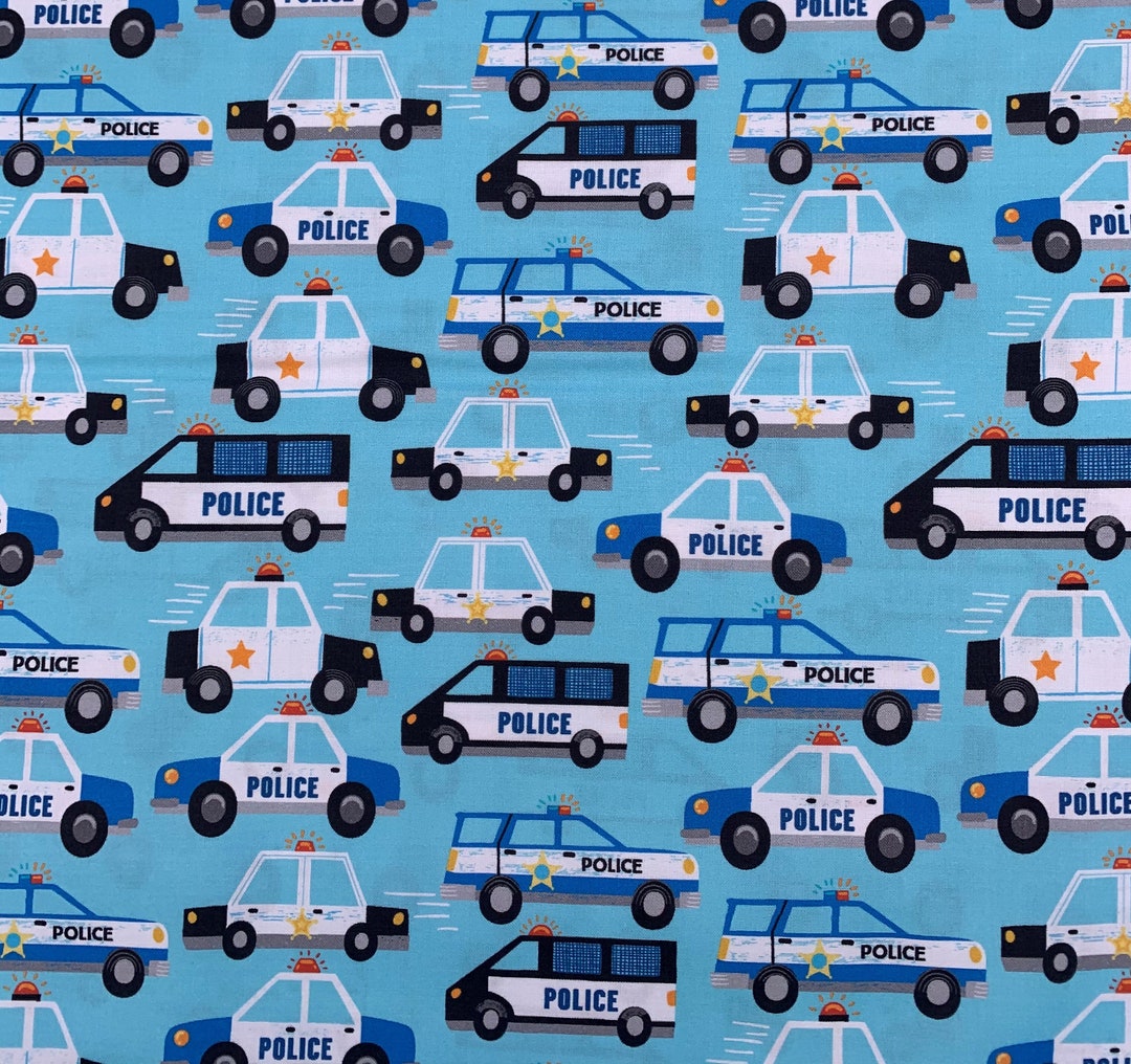 452 COTTON Fabric Blue Background With Police Vehicles Sold by the Yard ...