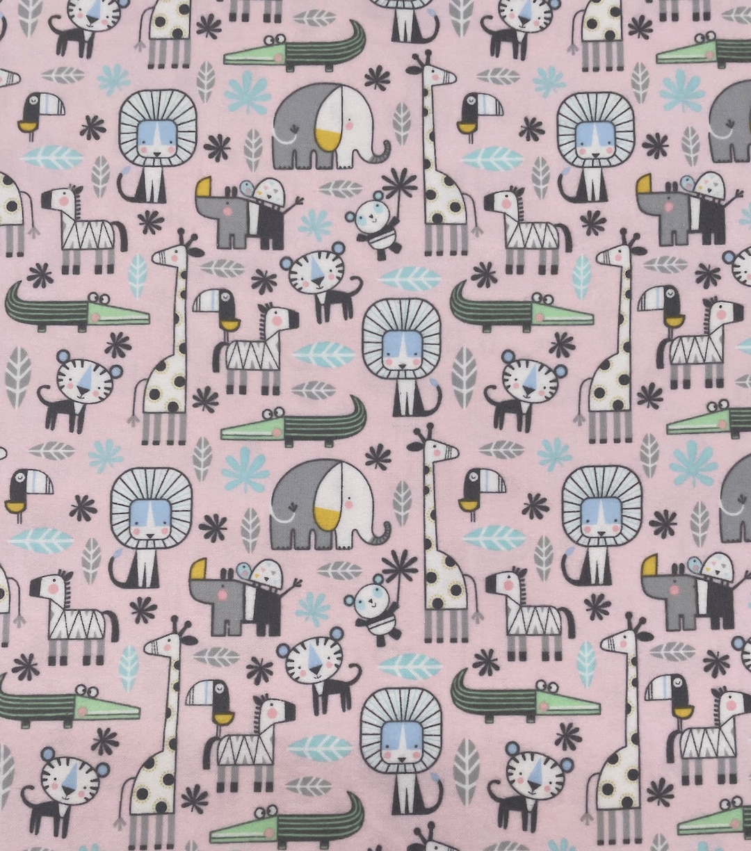 1046 Flannel Fabric Pink Background With Baby Animals Flowers & Leaves ...