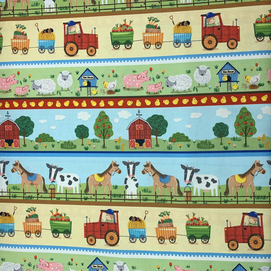 307 COTTON Fabric Stripes of Farm Scenes With Farm Animals Barns ...