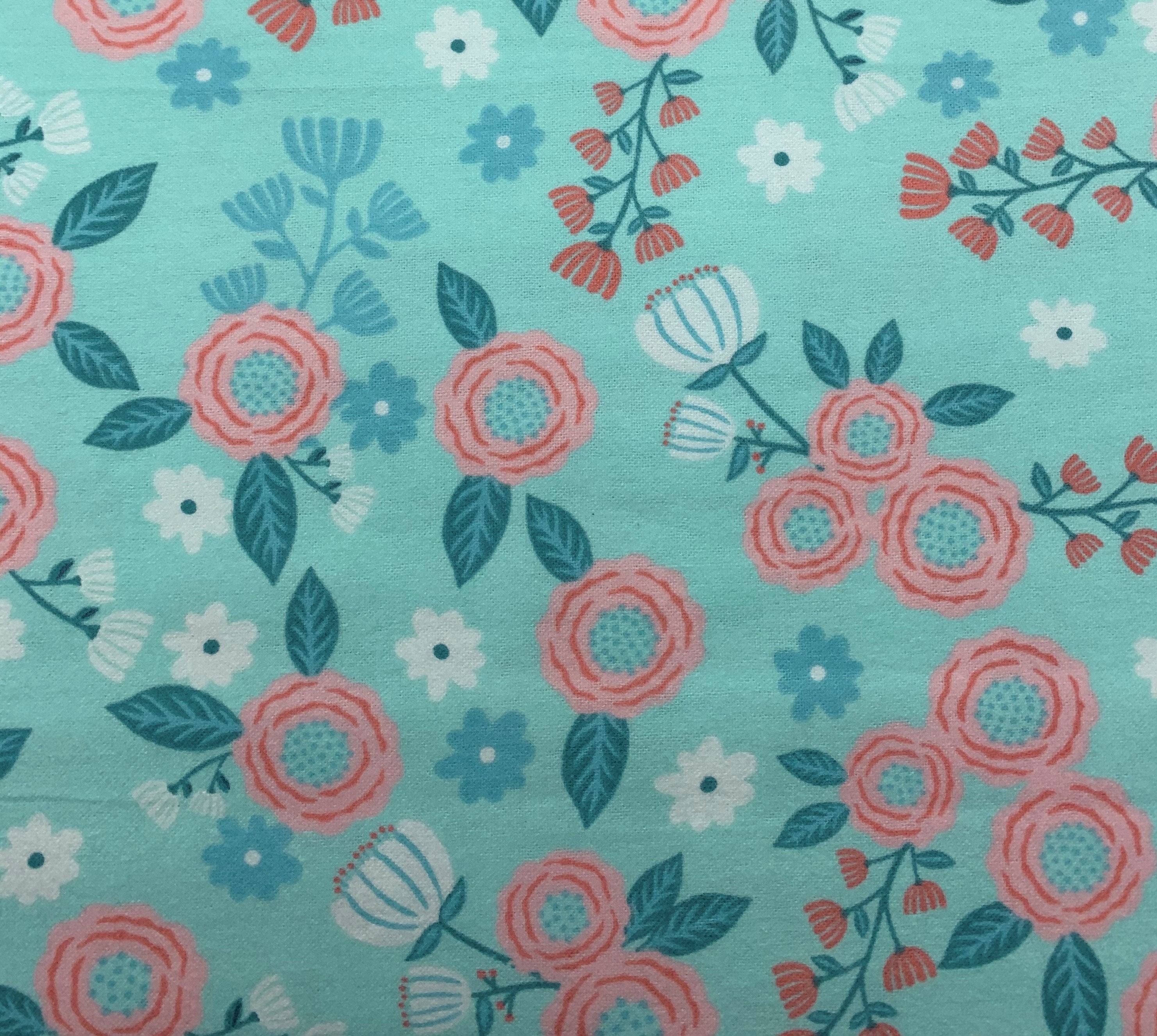 782 Flannel fabric mint green background with pink aqua & | Etsy