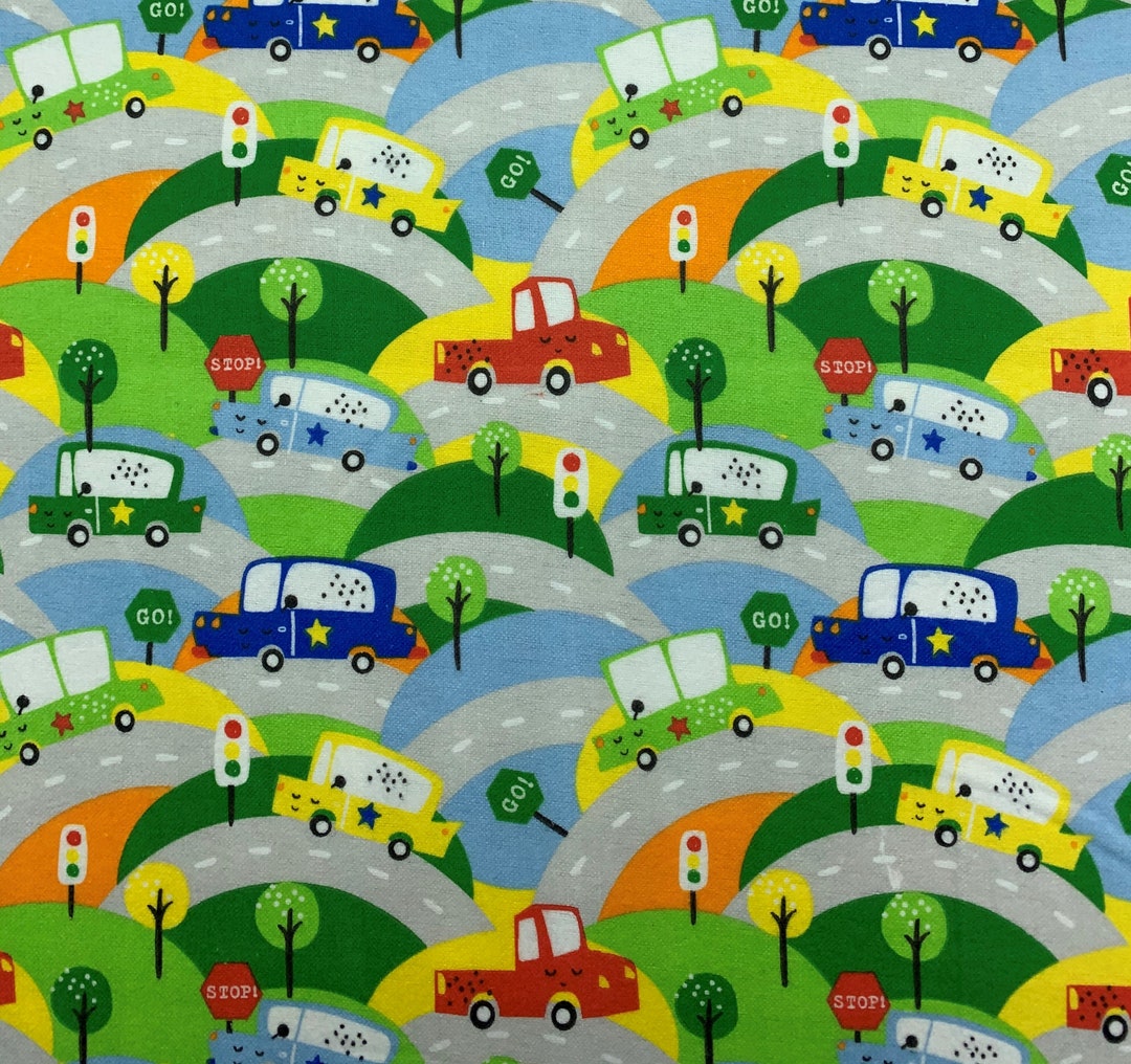 879 Flannel Fabric Country Roads Hills Trees Cars Trucks Trees Road ...