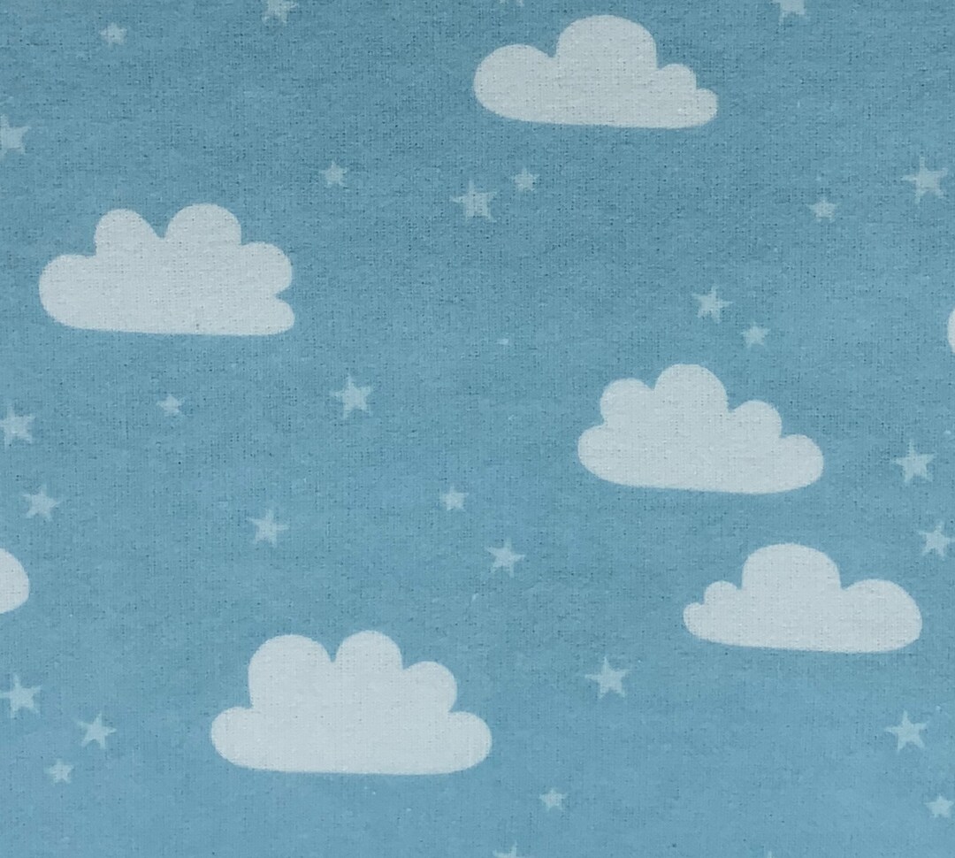792 Flannel Fabric Blue Background With White Clouds and Stars Sold by ...
