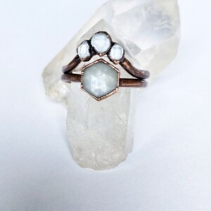Grey Moonstone and Herkimer Diamond Custom Ring Set, Copper Electroformed Ring, Alternative ...