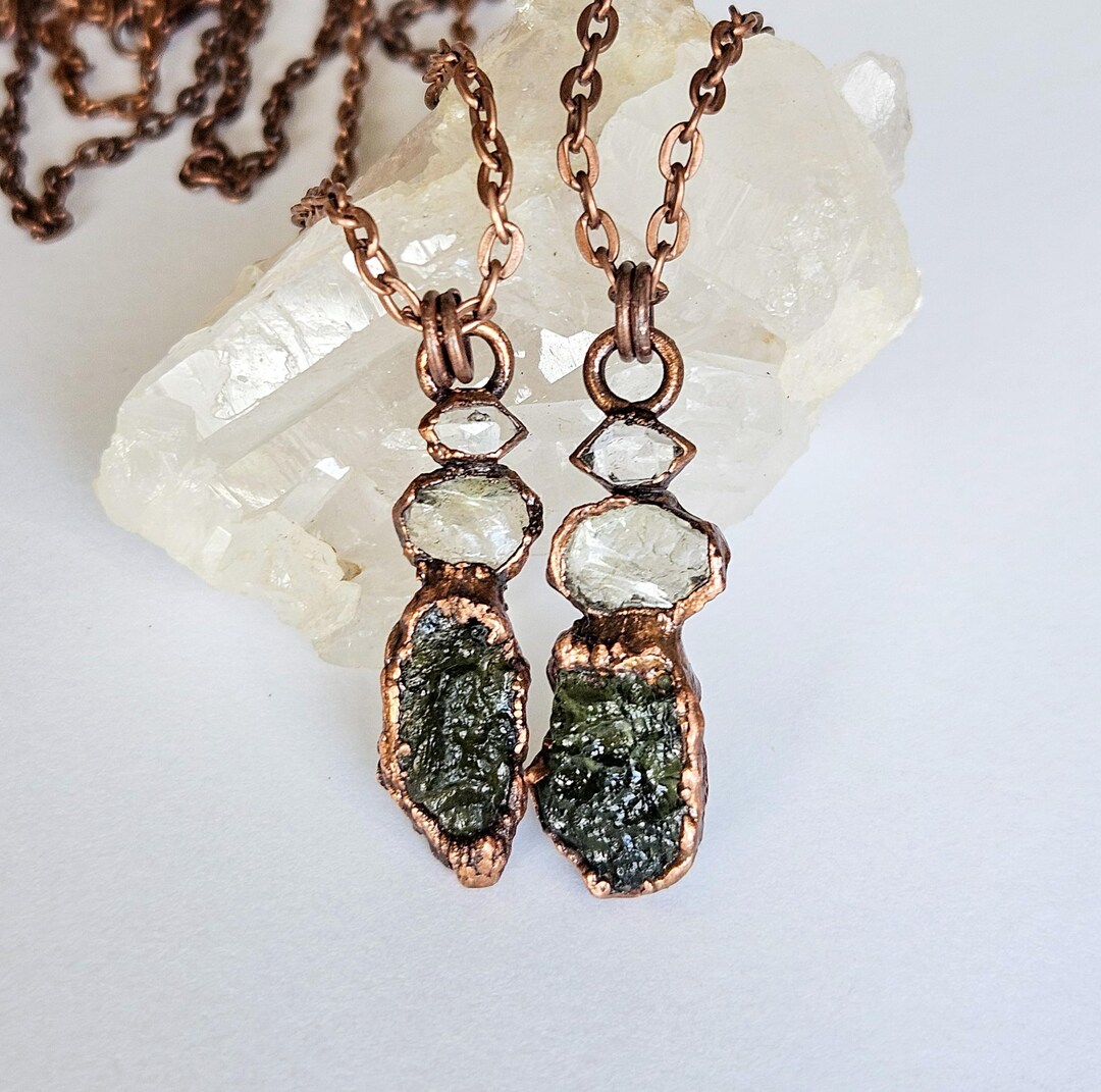 Moldavite and Libyan Desert Glass Herkimer Diamond Necklace, Copper ...