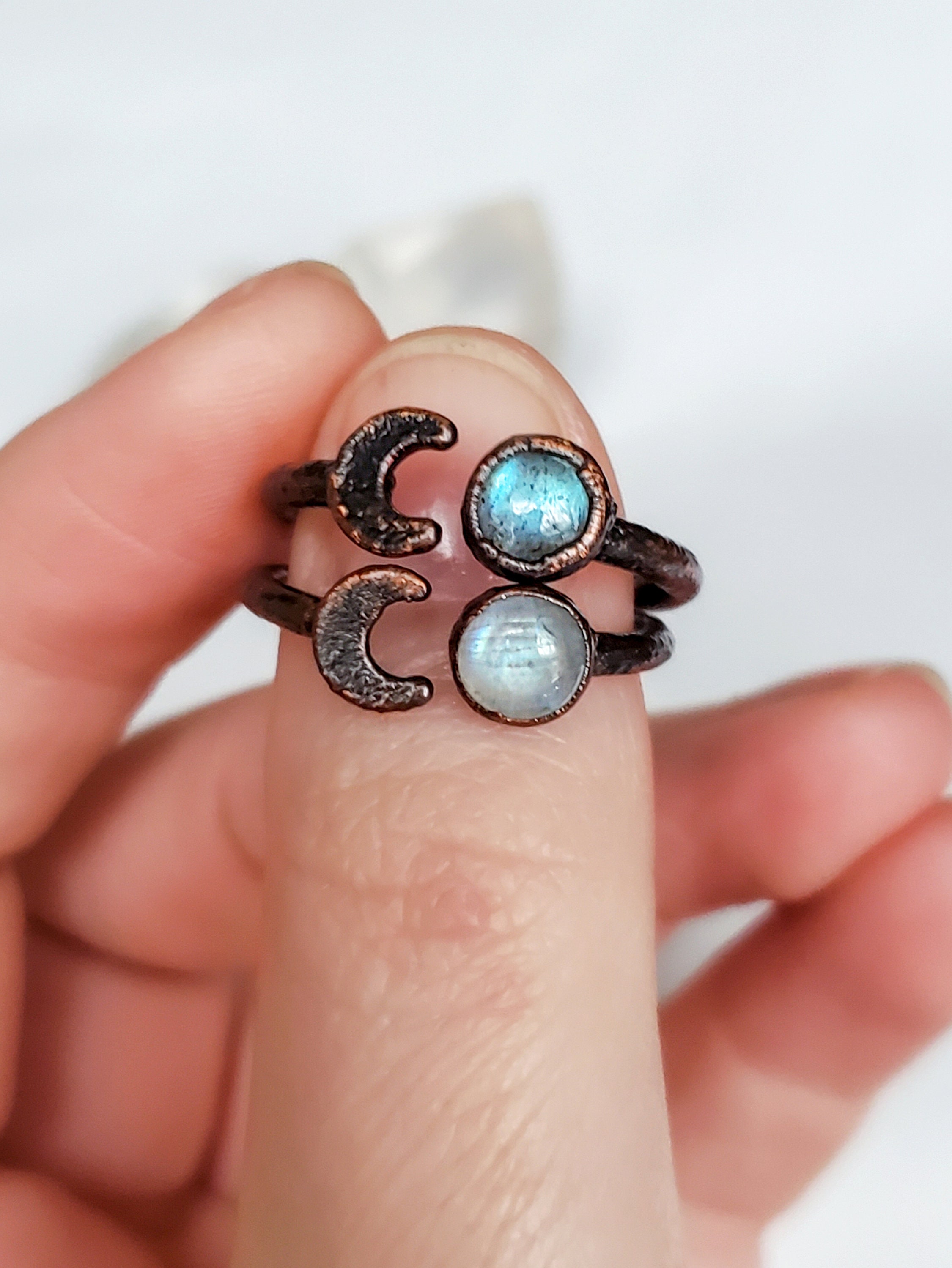 Copper Crescent Moon and Stone Ring, Moonstone Crescent Moon Ring ...