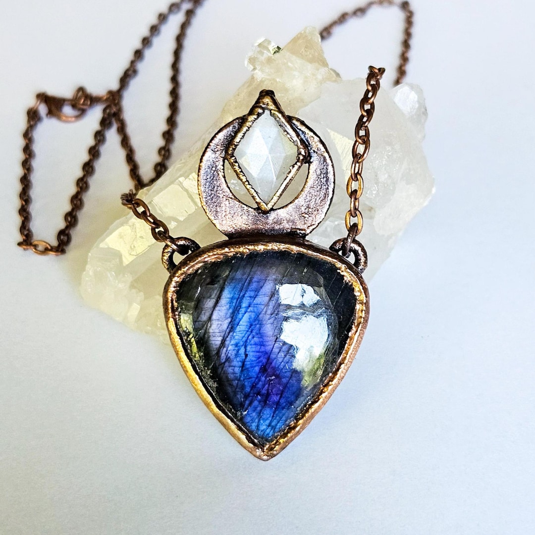 Purple Labradorite and Facted White Moonstone Crescent Moon Necklace ...