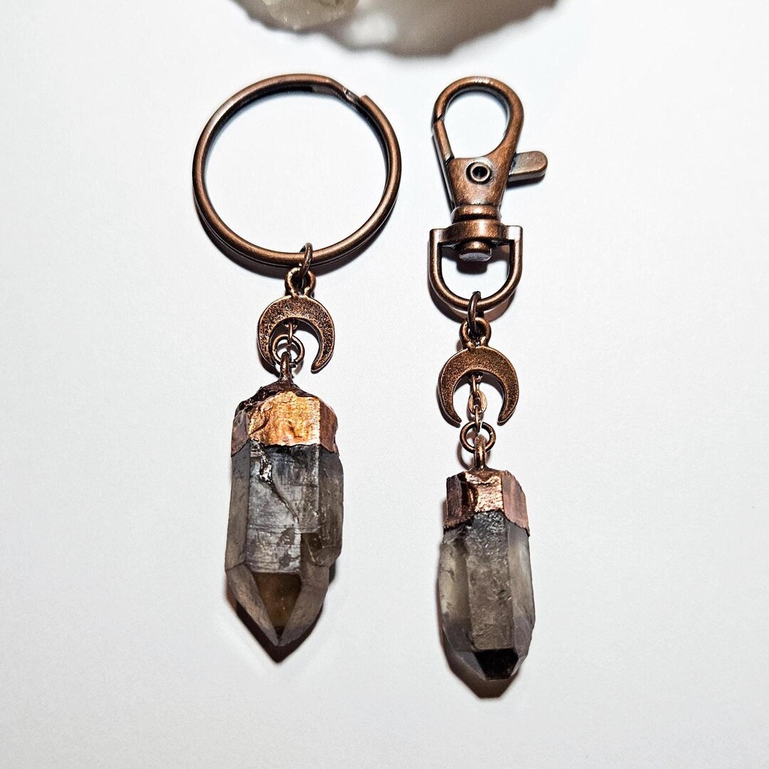 Copper Smoky Quartz Point Crescent Moon Keychain, Raw Crystal Boho ...