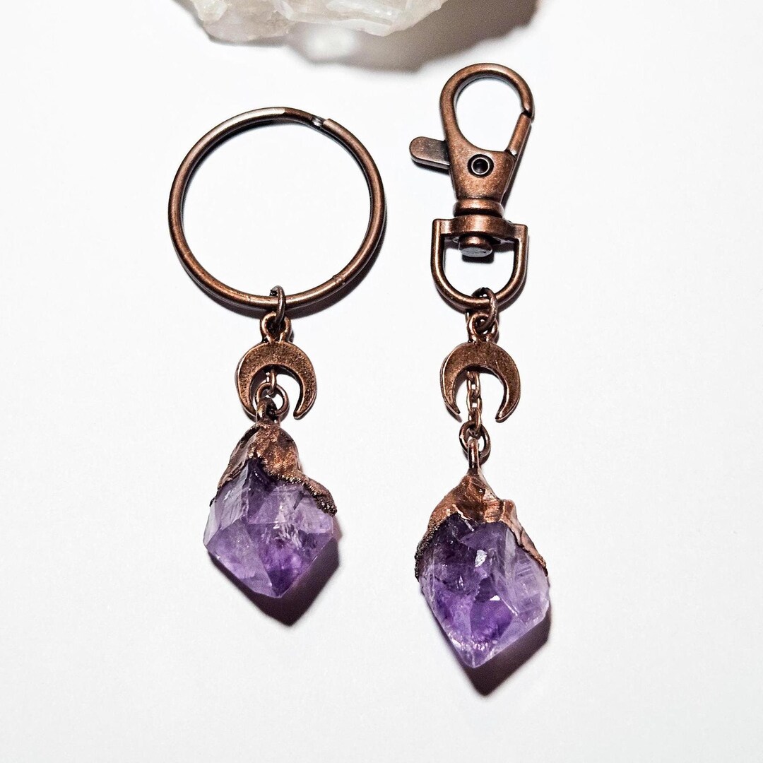 Copper Amethyst Crescent Moon Keychain, Raw Amethyst Boho Keychain ...