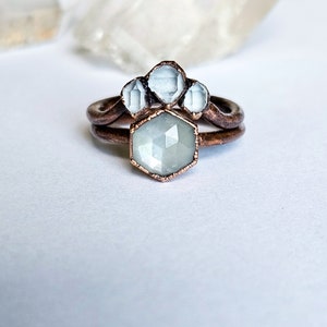 Grey Moonstone and Herkimer Diamond Custom Ring Set, Copper Electroformed Ring, Alternative ...