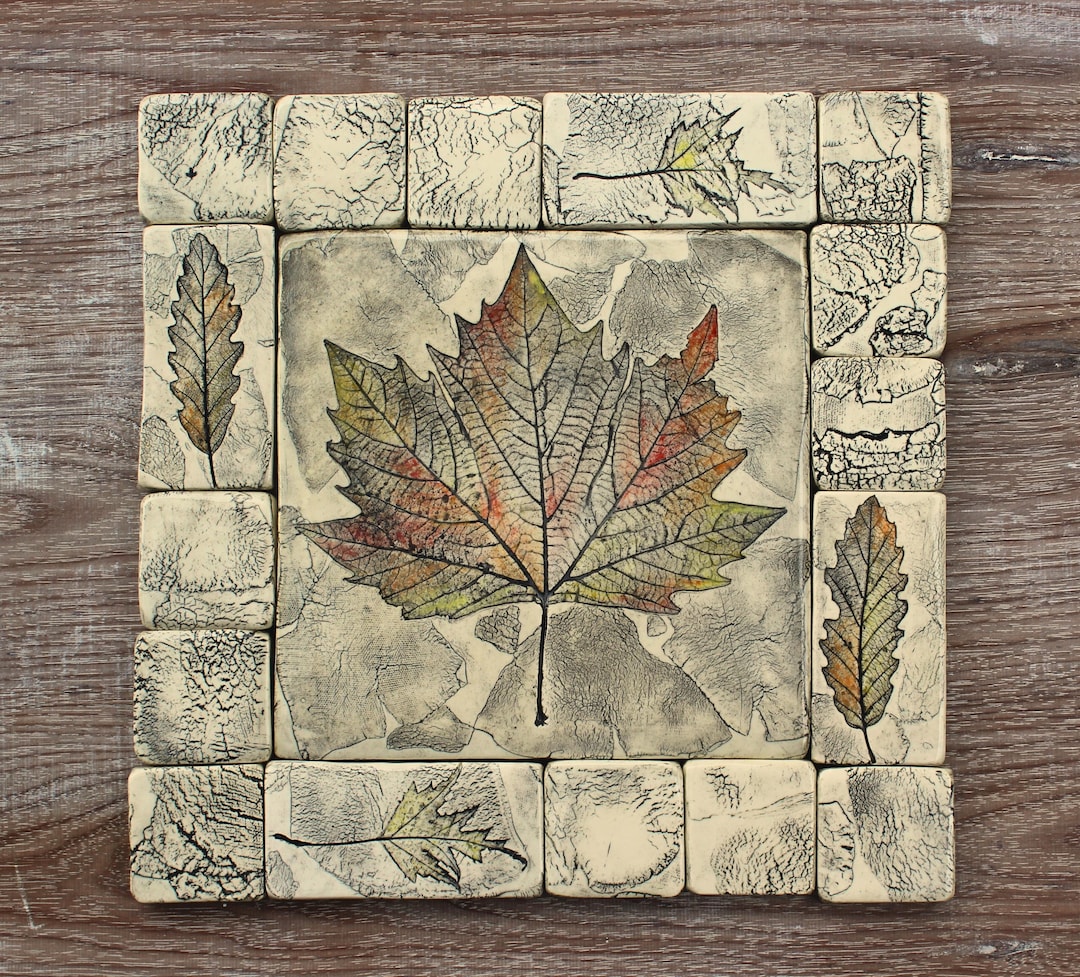 Backsplash Tiles Leaf Impression, Rustic Leaf Tile Mural for Kitchens ...