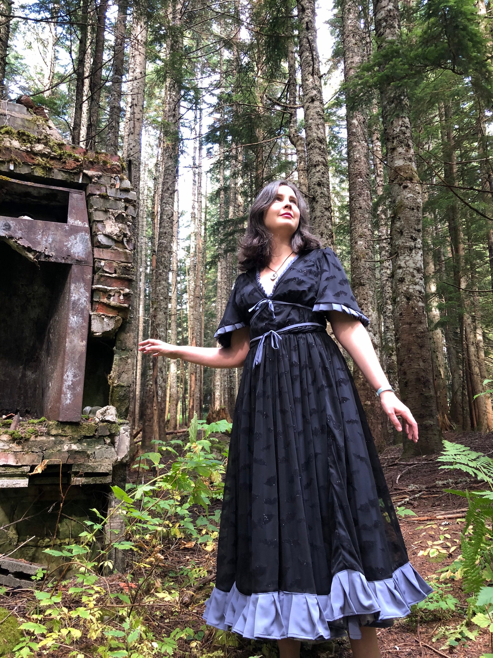 Black Bat Dress With Grey Gothic Halloween Handmade Vintage V Neck ...