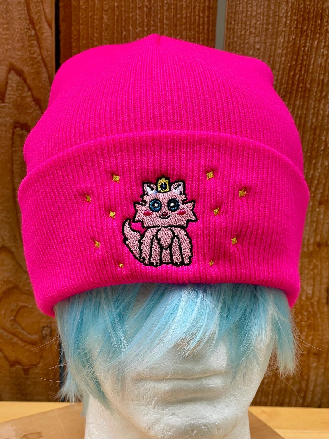 Pink Fluffy Cat Princess Meme Hot Pink Cuffed Knit Beanie - Etsy