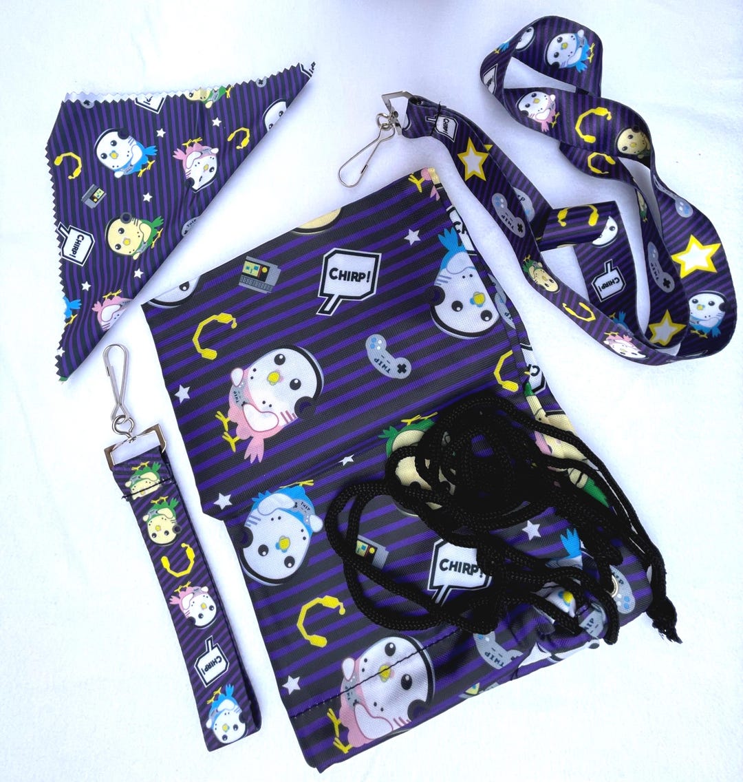 Purple Black Streamer Bird Budgie Bundle Drawstring Bag, Lanyard, Key ...