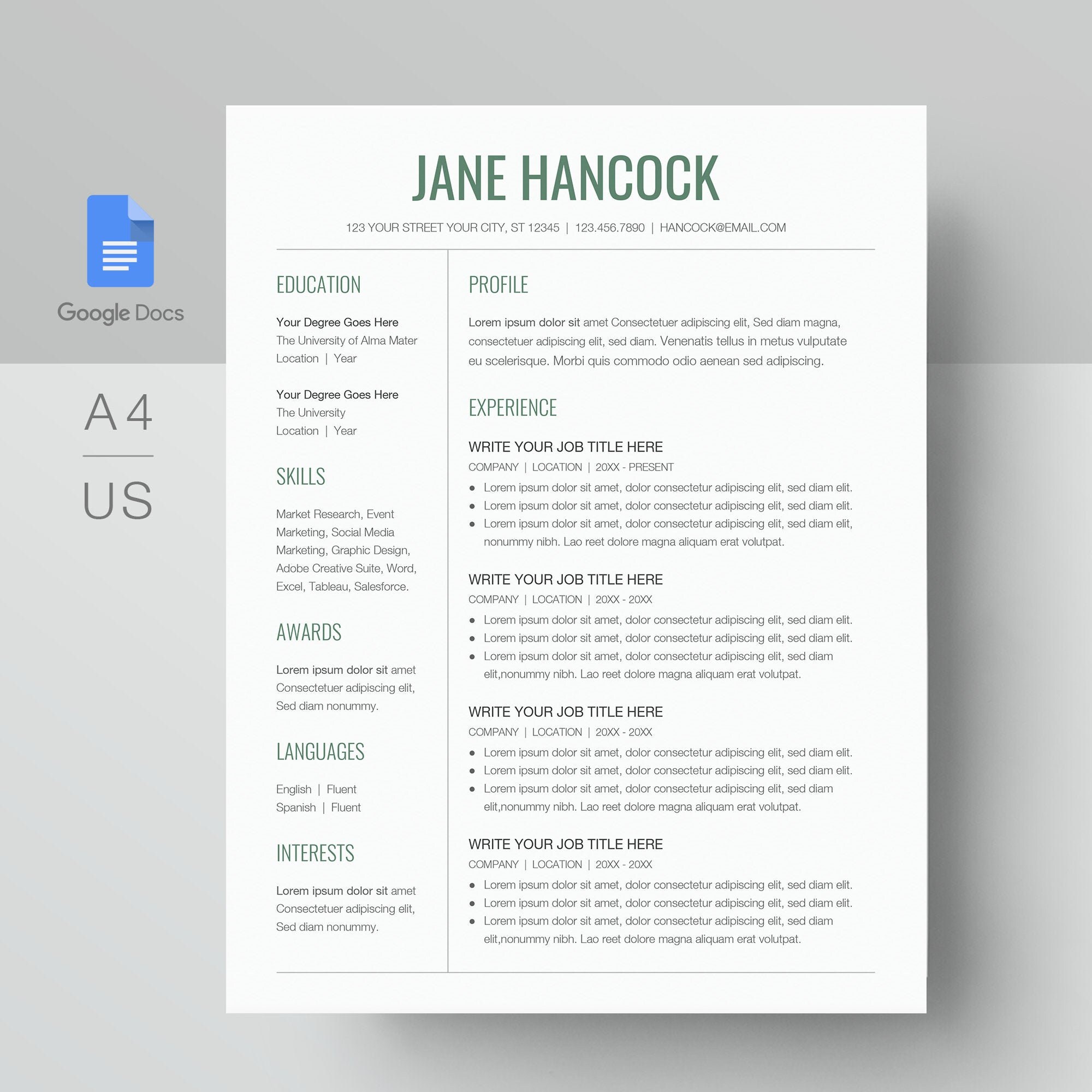 Google Docs Resume Template. Simple Resume Template Google - Etsy