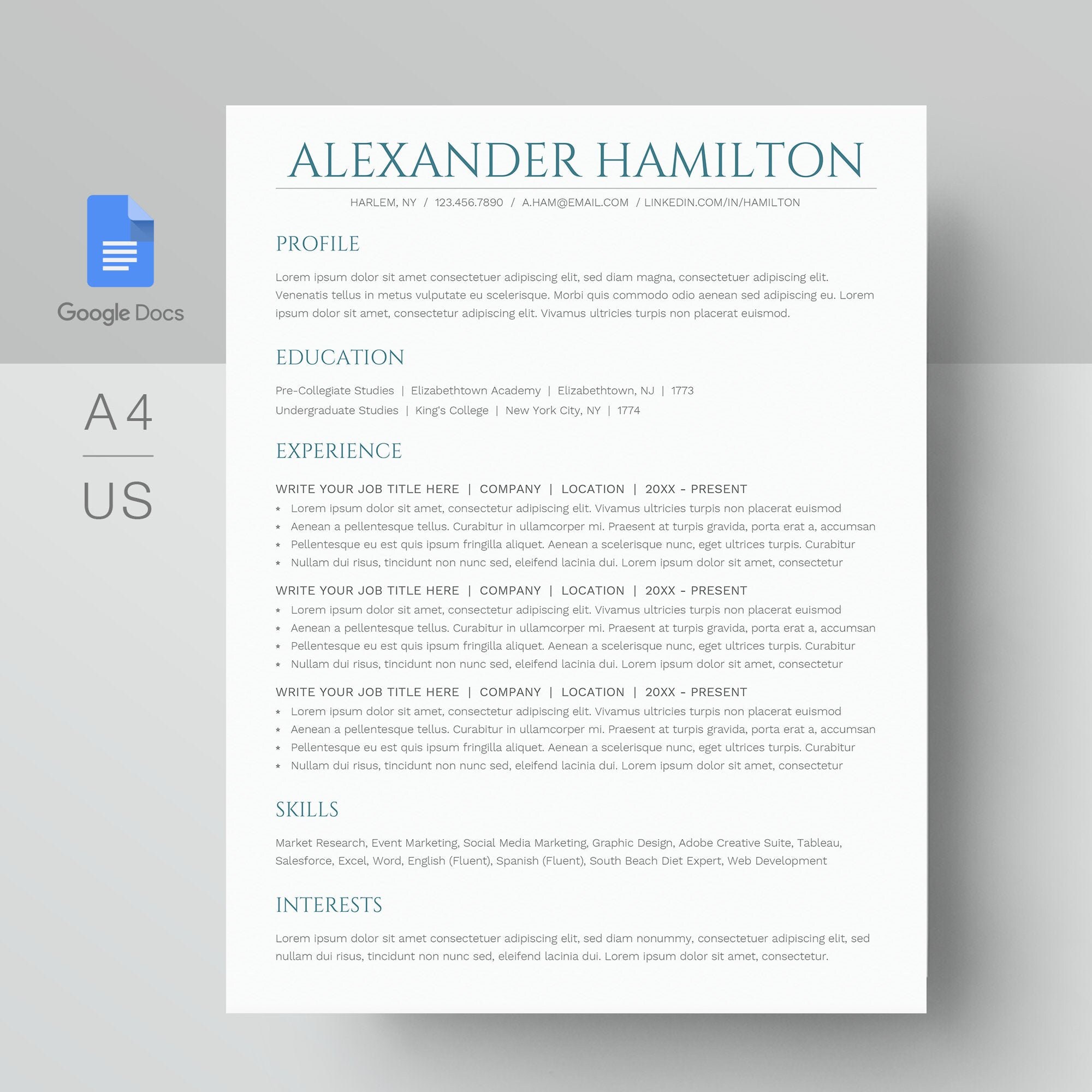 Google Docs Resume Template. Simple Resume Template Google - Etsy