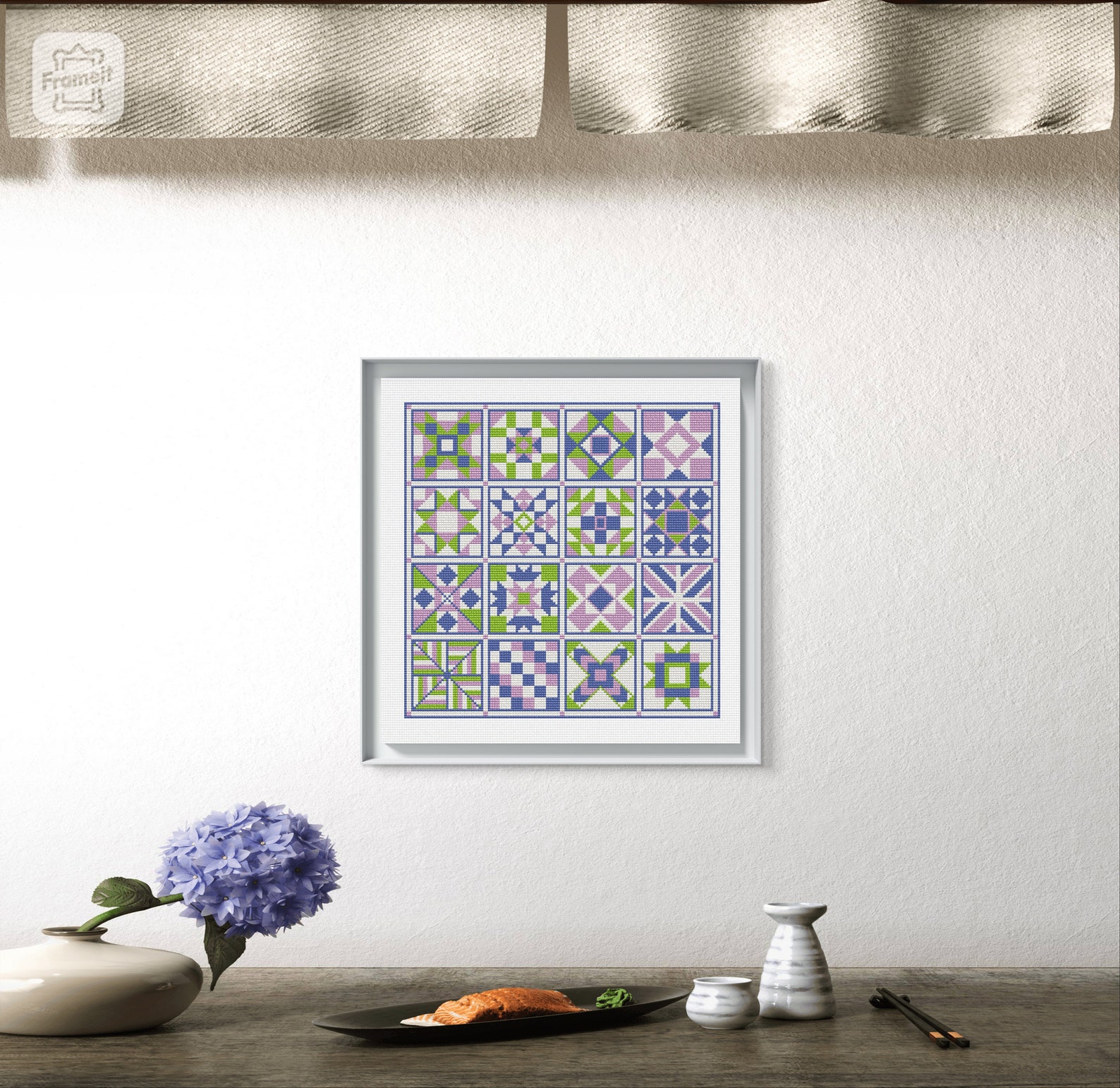 Bright Green Blue Quilt Cross Stitch Pattern, Geometric X-stitch PDF ...