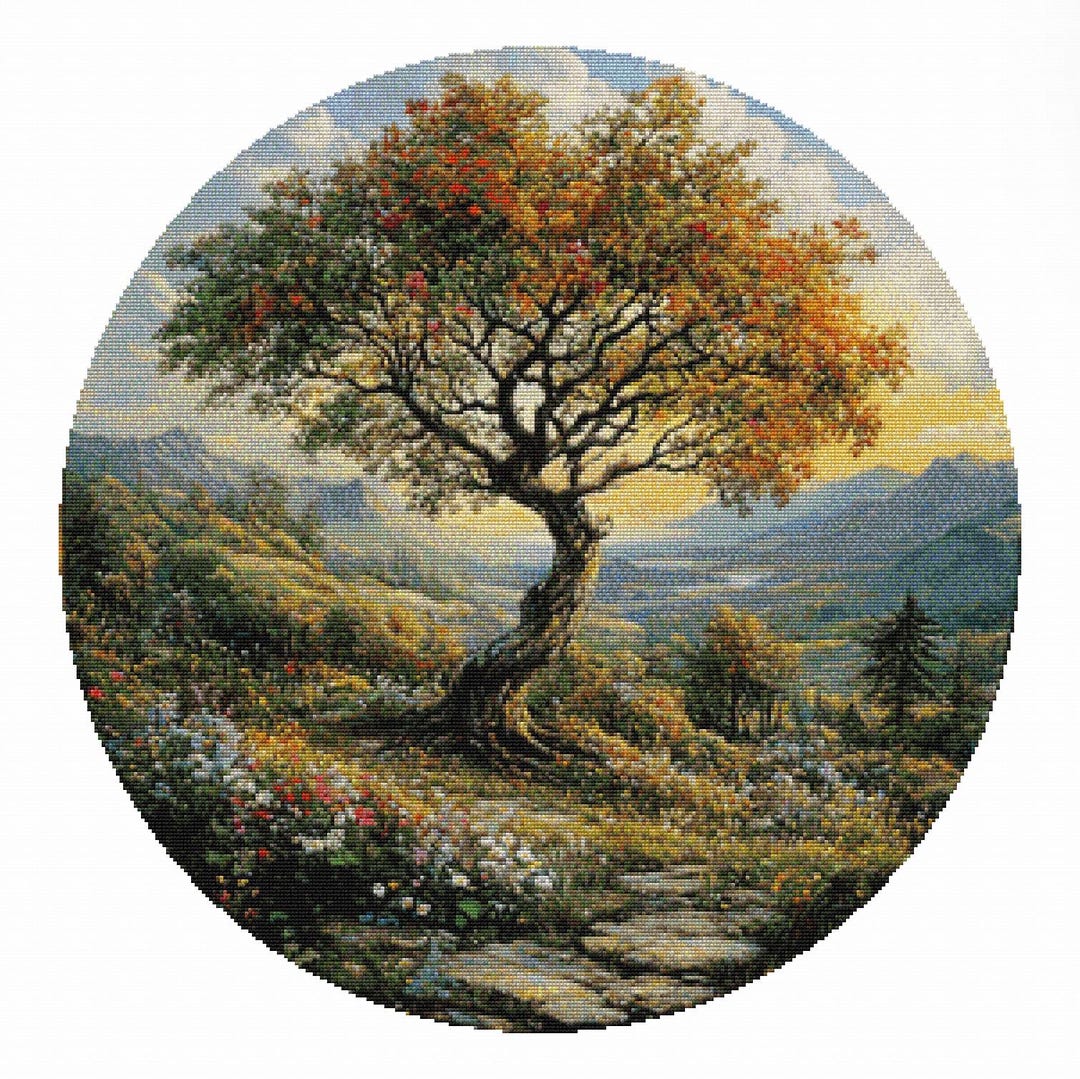 Realistic Tree Cross Stitch Pattern, Round Cross Stitch Design Tree ...