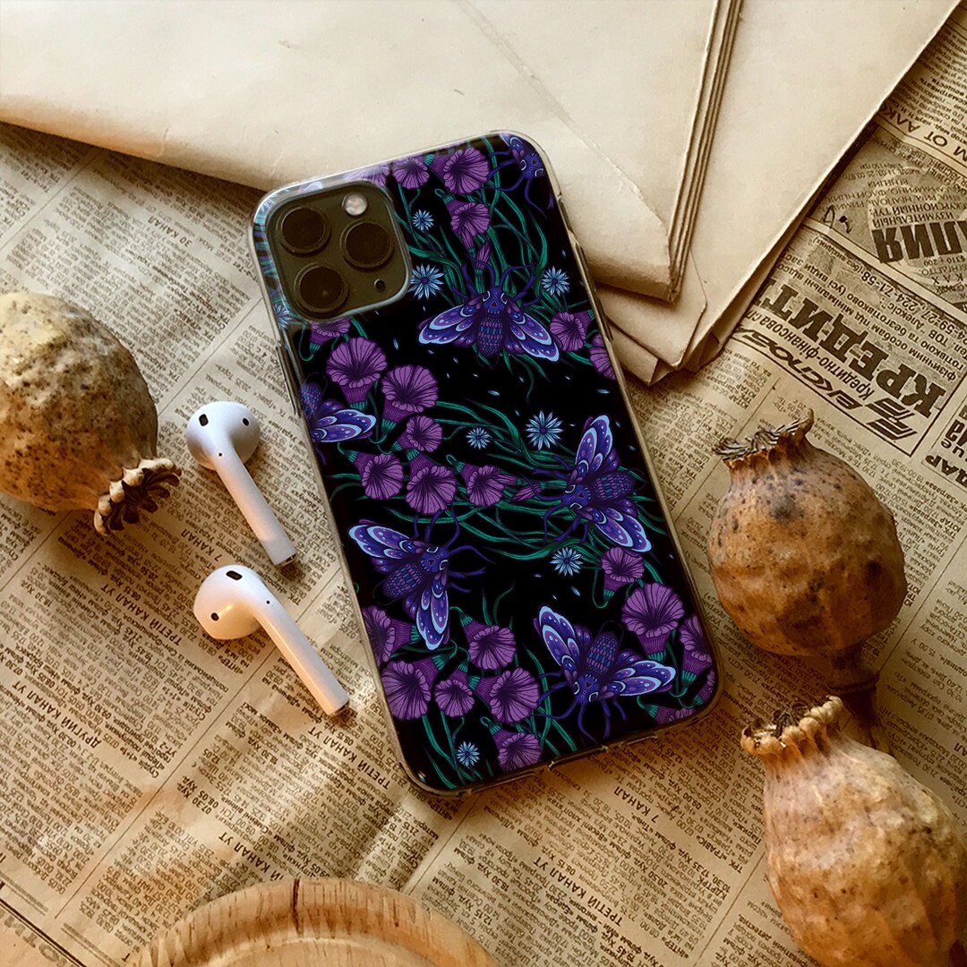 Goth Moth iPhone 13 12 Mini 11 Pro Max Case SE 2020 Case Purple Flowers ...