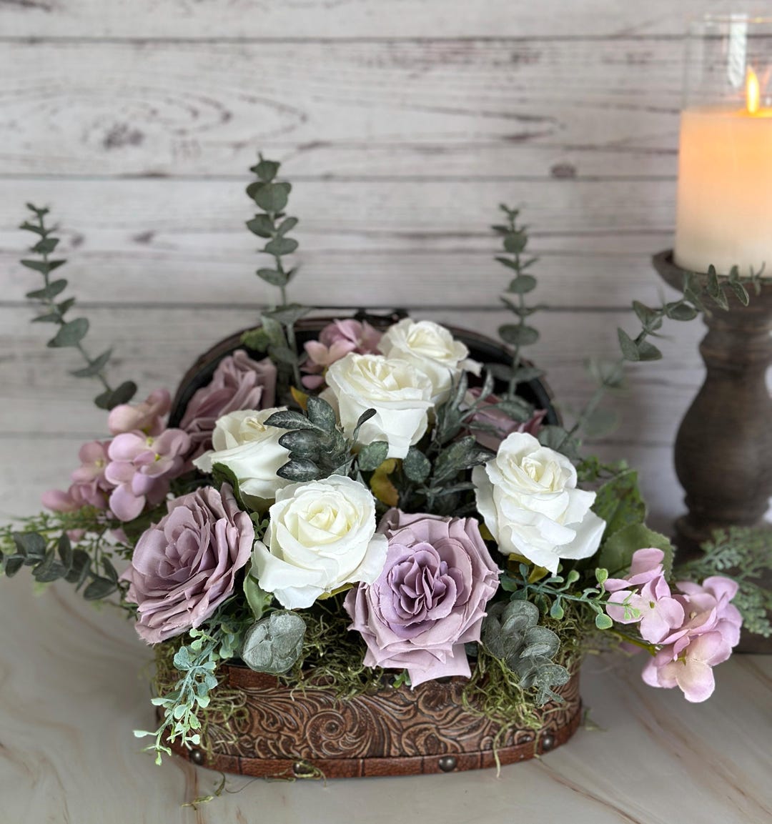 New Silk Flower Arrangement Artificial Ivory and Muted Purple Floral ...