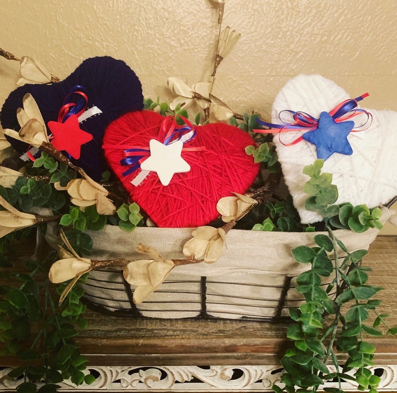 3 Patriotic Yarn Wrapped Hearts, Red White & Blue Hearts With Stars ...
