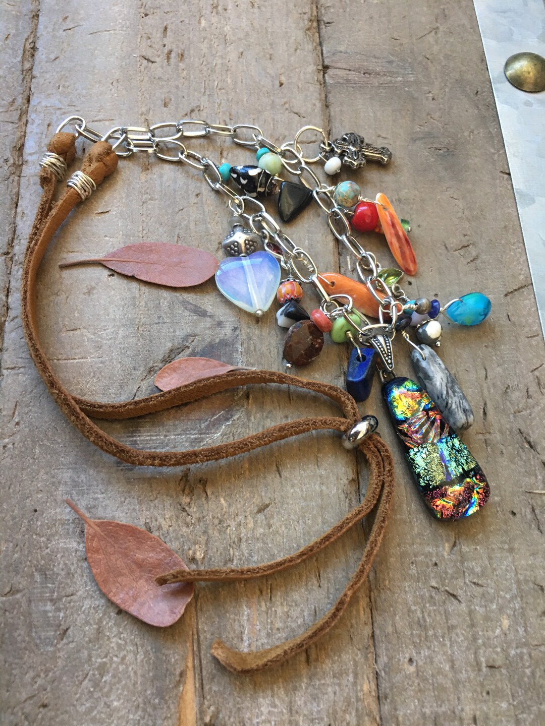 Colorful Charm Necklace, Leather Necklace, Boho Necklace ...