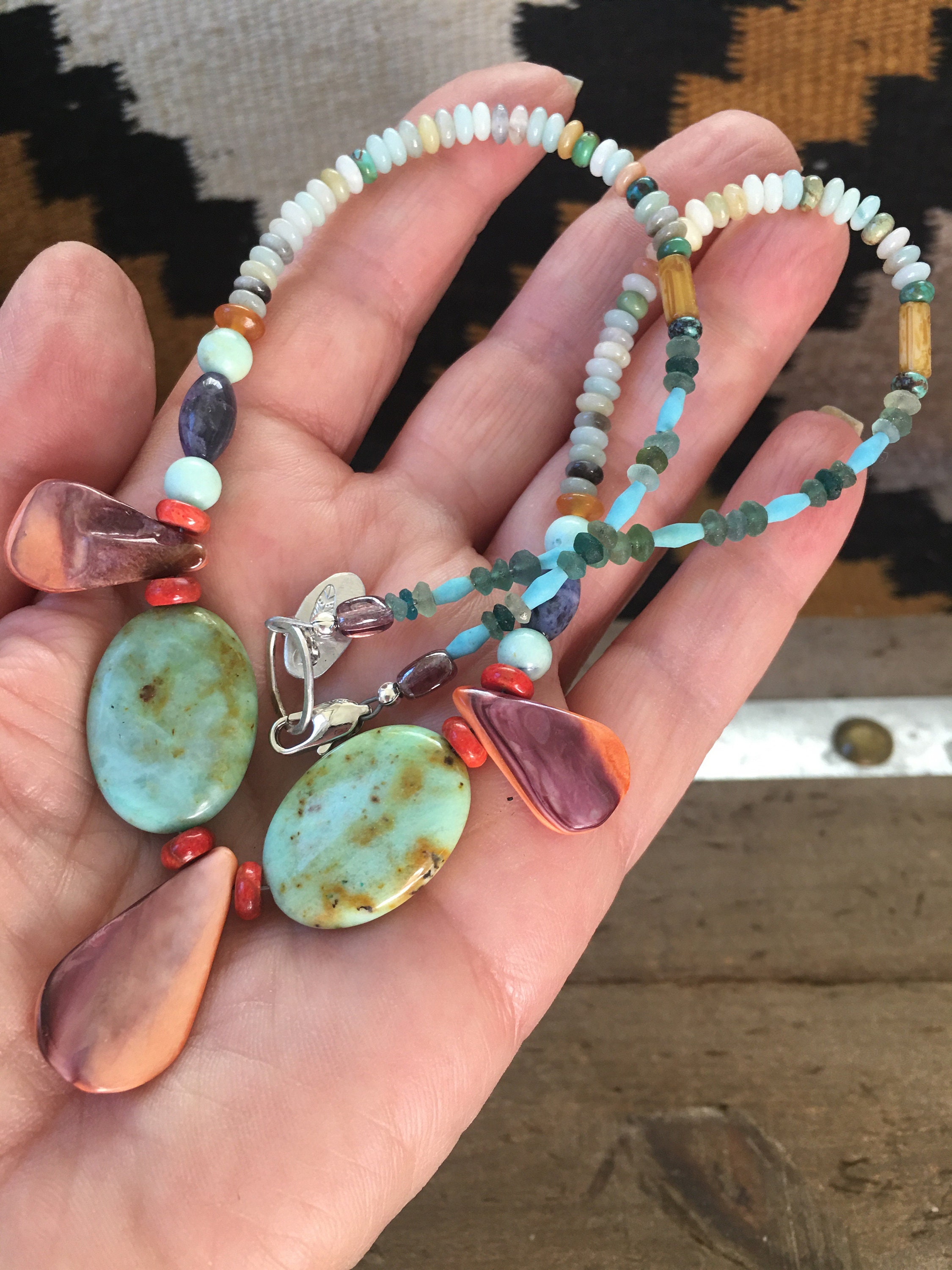 Mystical Misty Turquoise Spiny Oyster Necklace, Festival Necklace ...