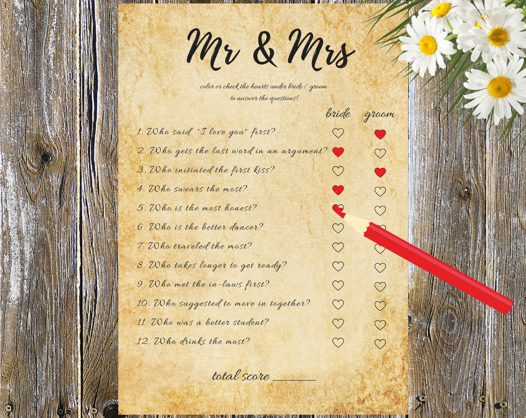 Mr and Mrs Questions, Wedding Game, Hen Party Game, Mr and Mrs Game at ...