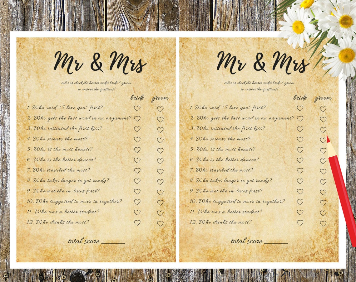 Mr and Mrs Questions, Wedding Game, Hen Party Game, Mr and Mrs Game at ...