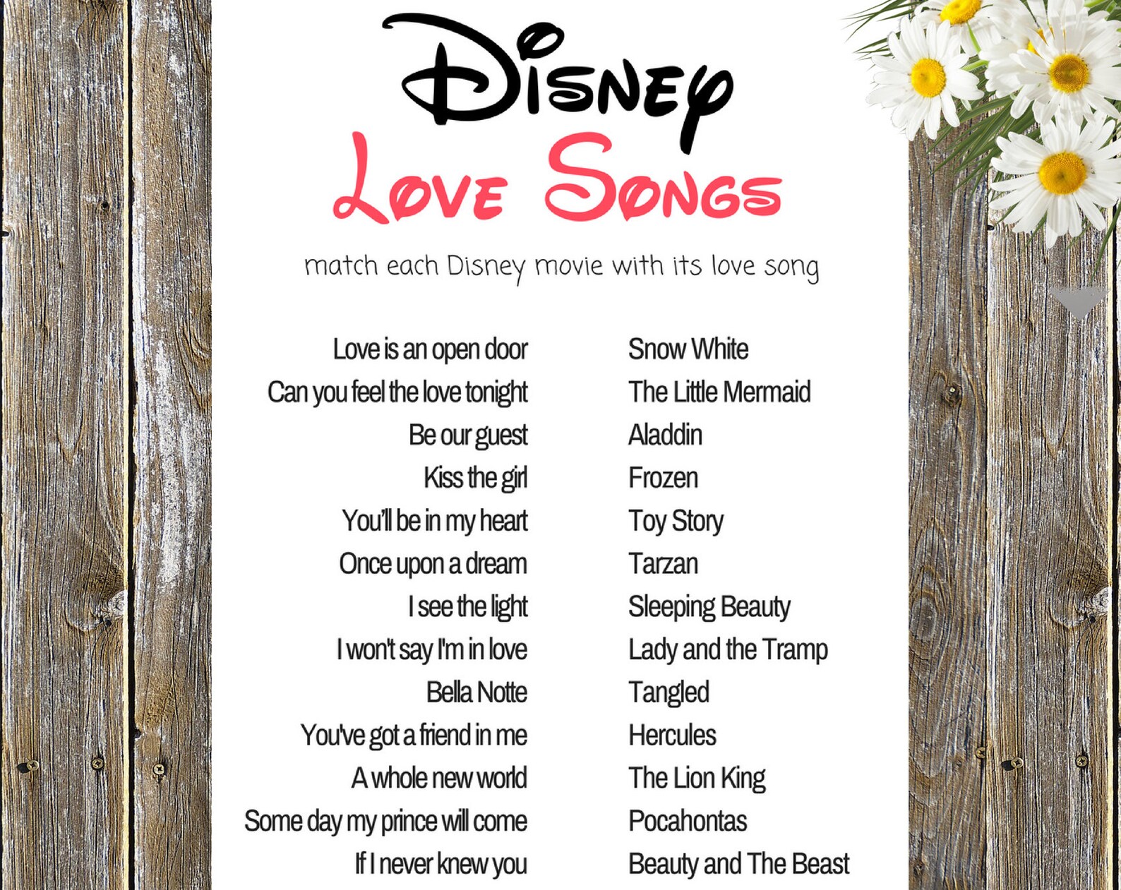 Disney Love Songs Guess the Disney Song Disney Bridal Shower - Etsy