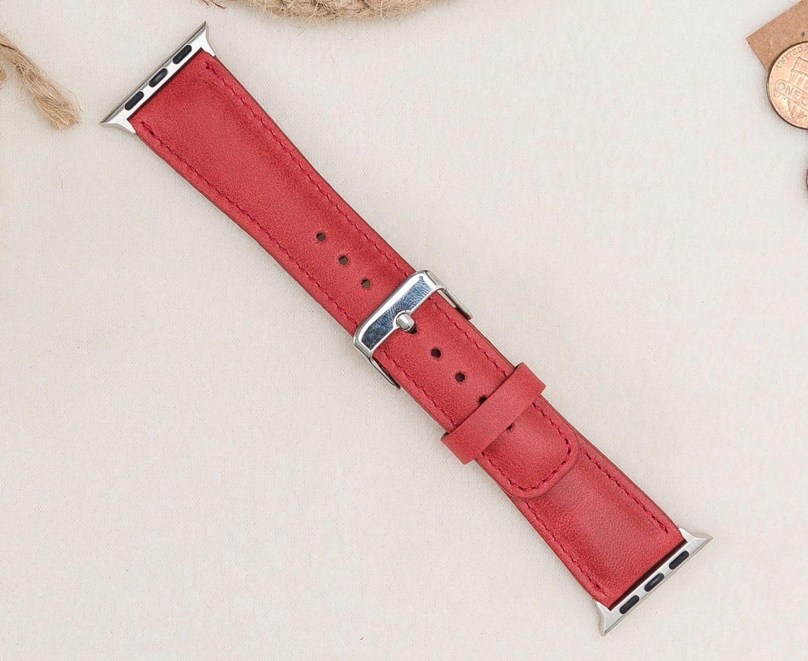 Red Apple Watch Strap, Genuine Leather Band for Series 1-11, Ultra 1-3 ...