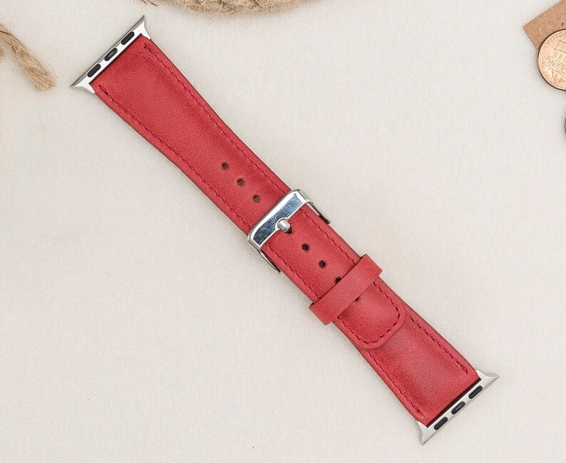 Red Apple Watch Strap, Genuine Leather Band for Apple Watch 1-11, Ultra ...