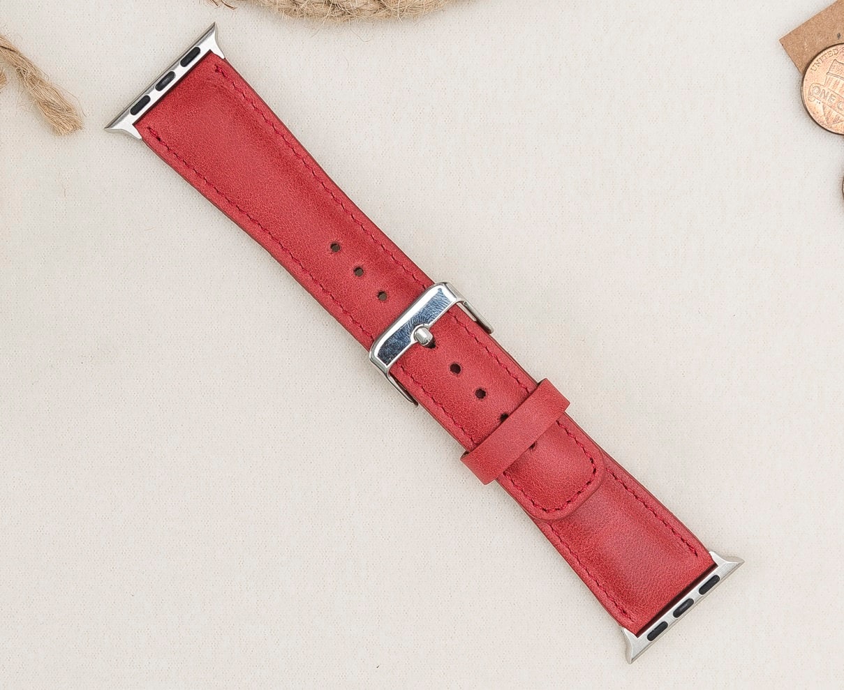 Red Apple Watch Strap, Genuine Leather Band for Apple Watch 1-11, Ultra ...