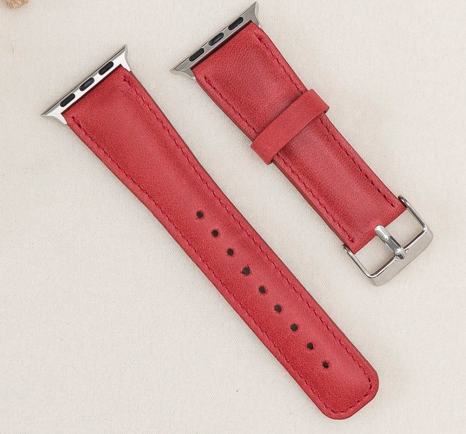 Red Apple Watch Strap, Genuine Leather Band for Apple Watch 1-11, Ultra ...