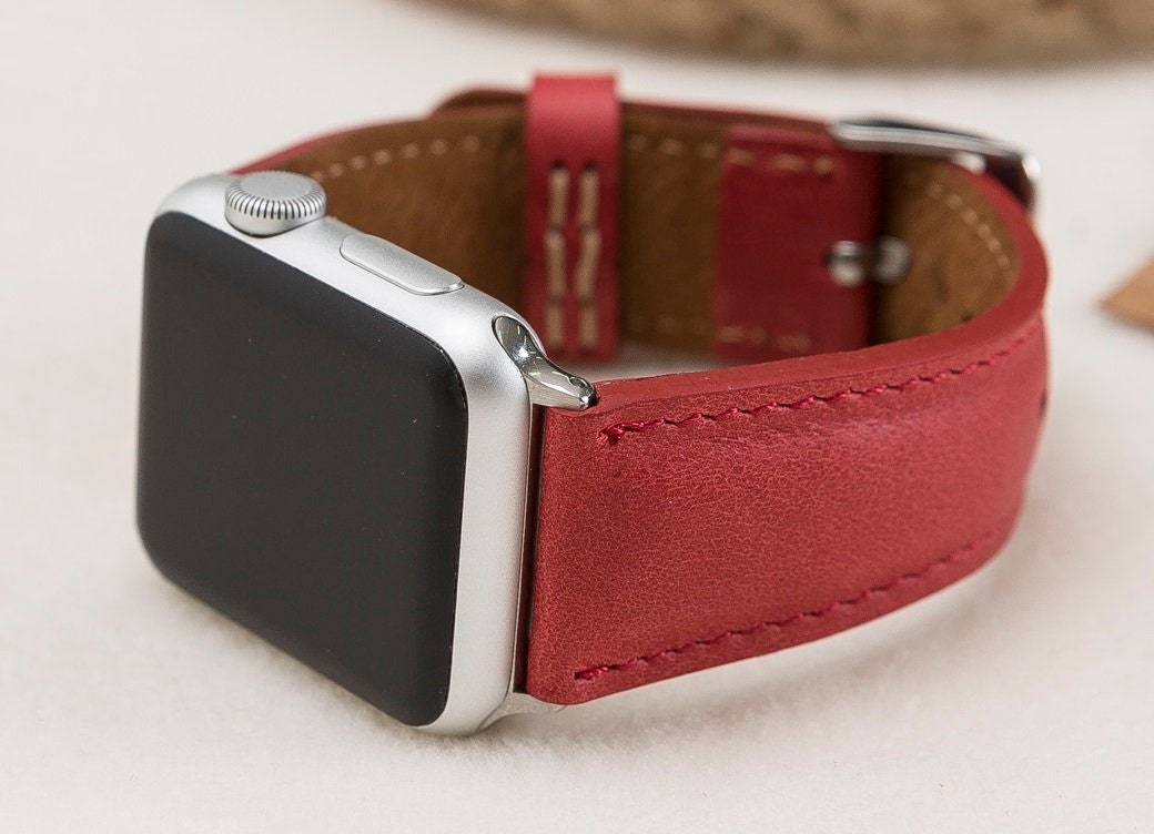 Red Apple Watch Strap, Genuine Leather Band for Apple Watch 1-11, Ultra ...