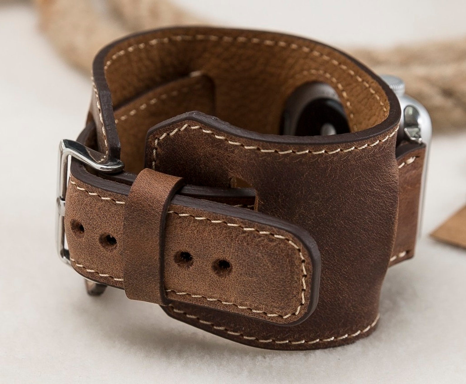 Antic Brown Apple Watch Cuff, Full Grain Leather Cuff 49mm 45mm 41mm ...