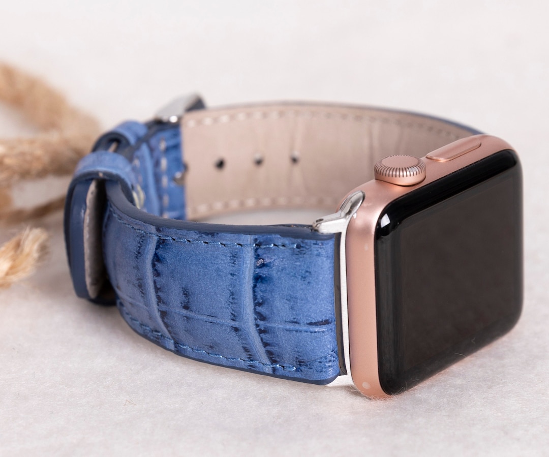 Blue Croco Pattern Leather Apple Watch Strap, 38mm 42mm 40mm 44mm 49mm ...
