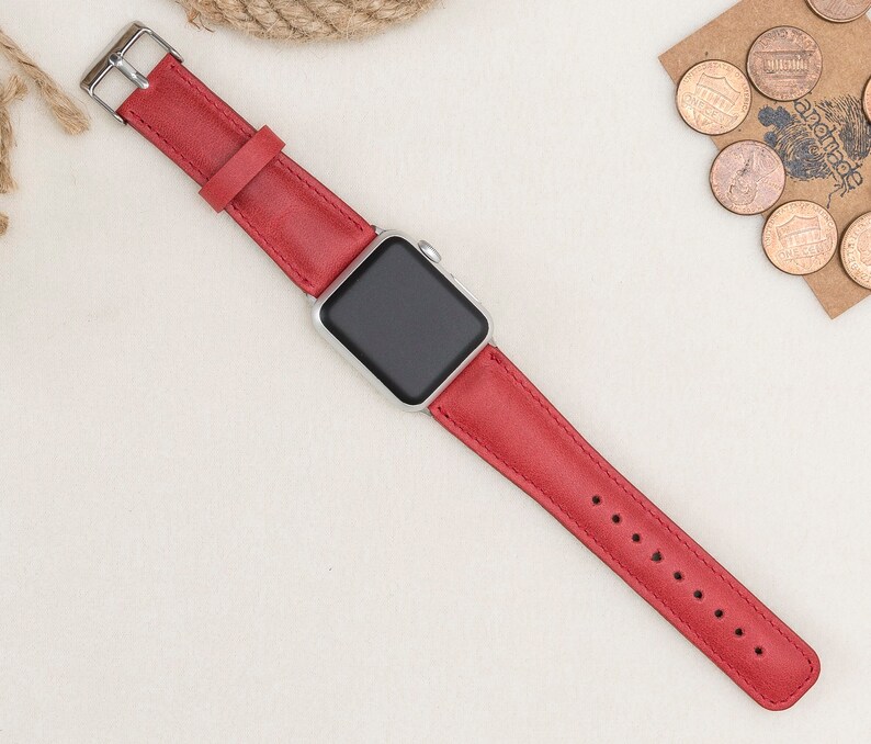 Red Apple Watch Strap, Genuine Leather Band for Series 1-11, Ultra 1-3 ...