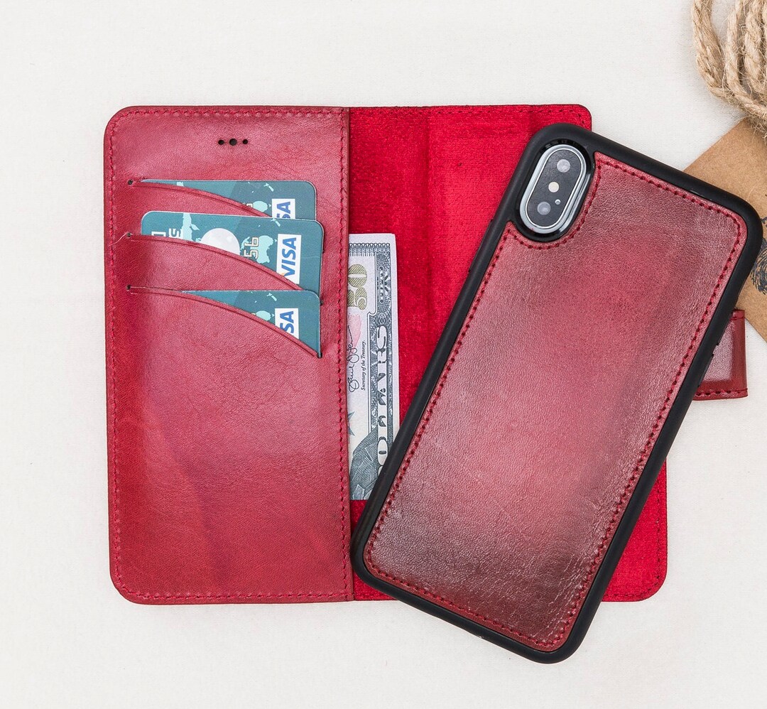 Red Full Grain Leather Magnetic Wallet Case for iPhone XS Max, Free ...