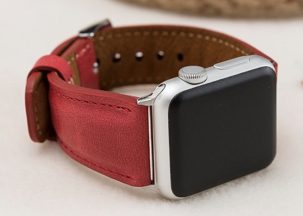Red Apple Watch Strap, Genuine Leather Band for Apple Watch 1-11, Ultra ...