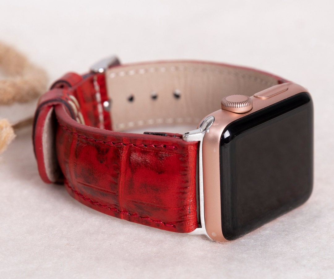 Croco Pattern Red Apple Watch Strap, Genuine Leather Band for Apple ...