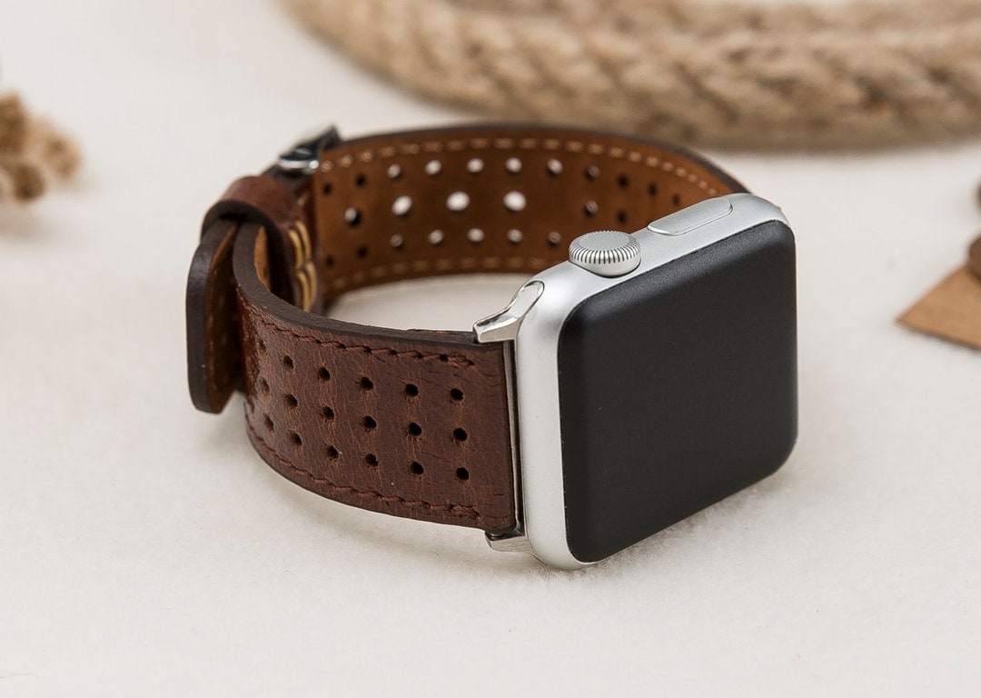 Perforated Rally Brown Apple Watch Strap, Perforated Leather Band 46mm ...