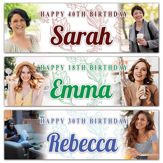 2 Personalised Birthday Banner Photo Flower Adults Kids Party - Etsy UK